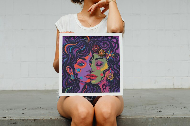 Abstract Pop-art Portrait of Two Faces Merged, Vibrant Cubism-inspired ...