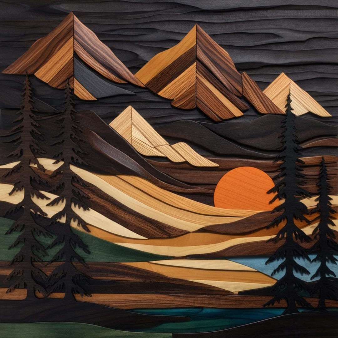 A Handcrafted Wooden Artwork Featuring a Serene Mountain Landscape, and ...