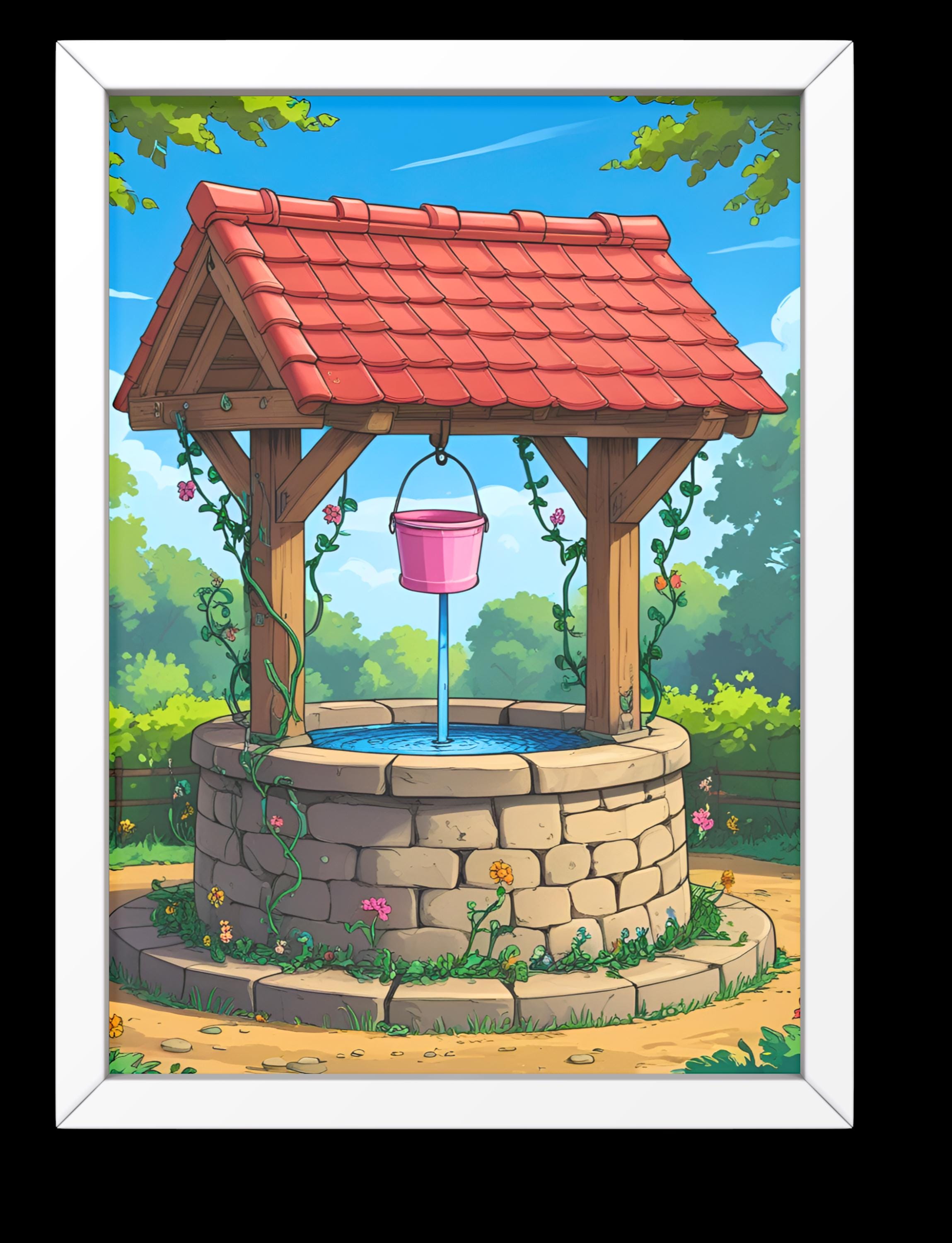 Water Well With a Red-tiled Roof Cartoon Art, Charming Countryside ...