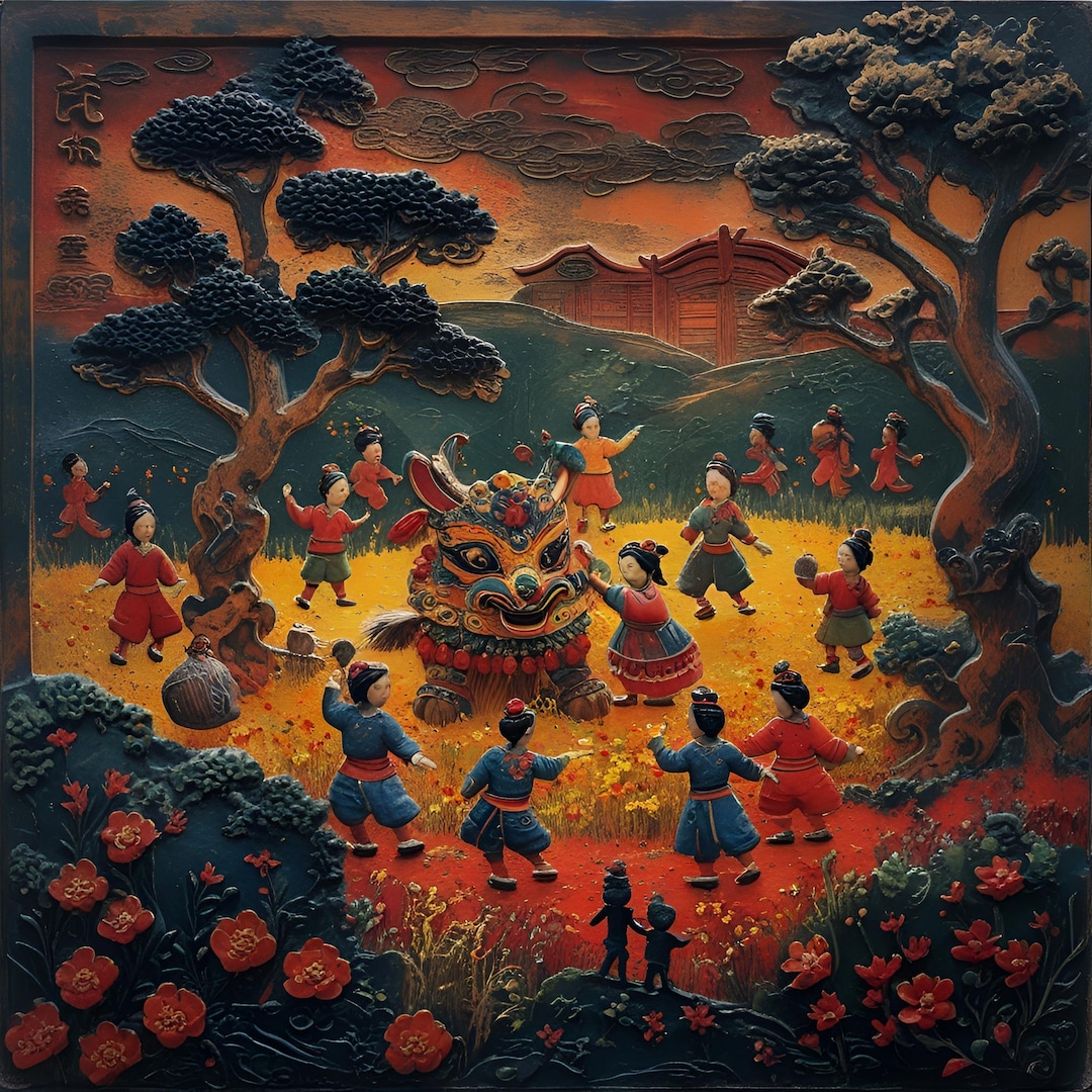 A Traditional Rural Festival Scene Embossed Relief Painting, Hand ...