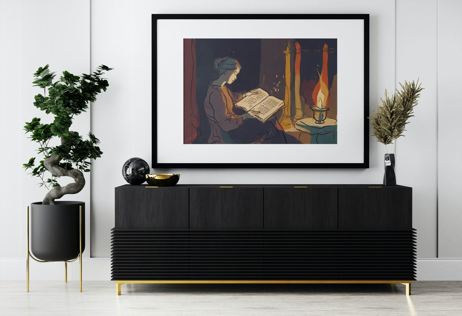 Woman Reading Illustration, Candlelit Scene in Warm Tones, Cozy Art for ...