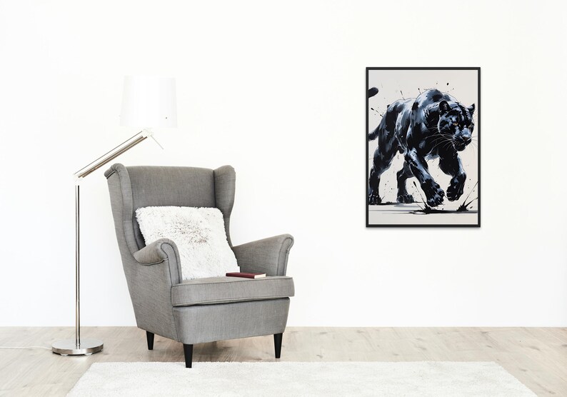 Black Panther Ink Wash Painting, Dynamic Sumi-e Style Wall Art, Home ...