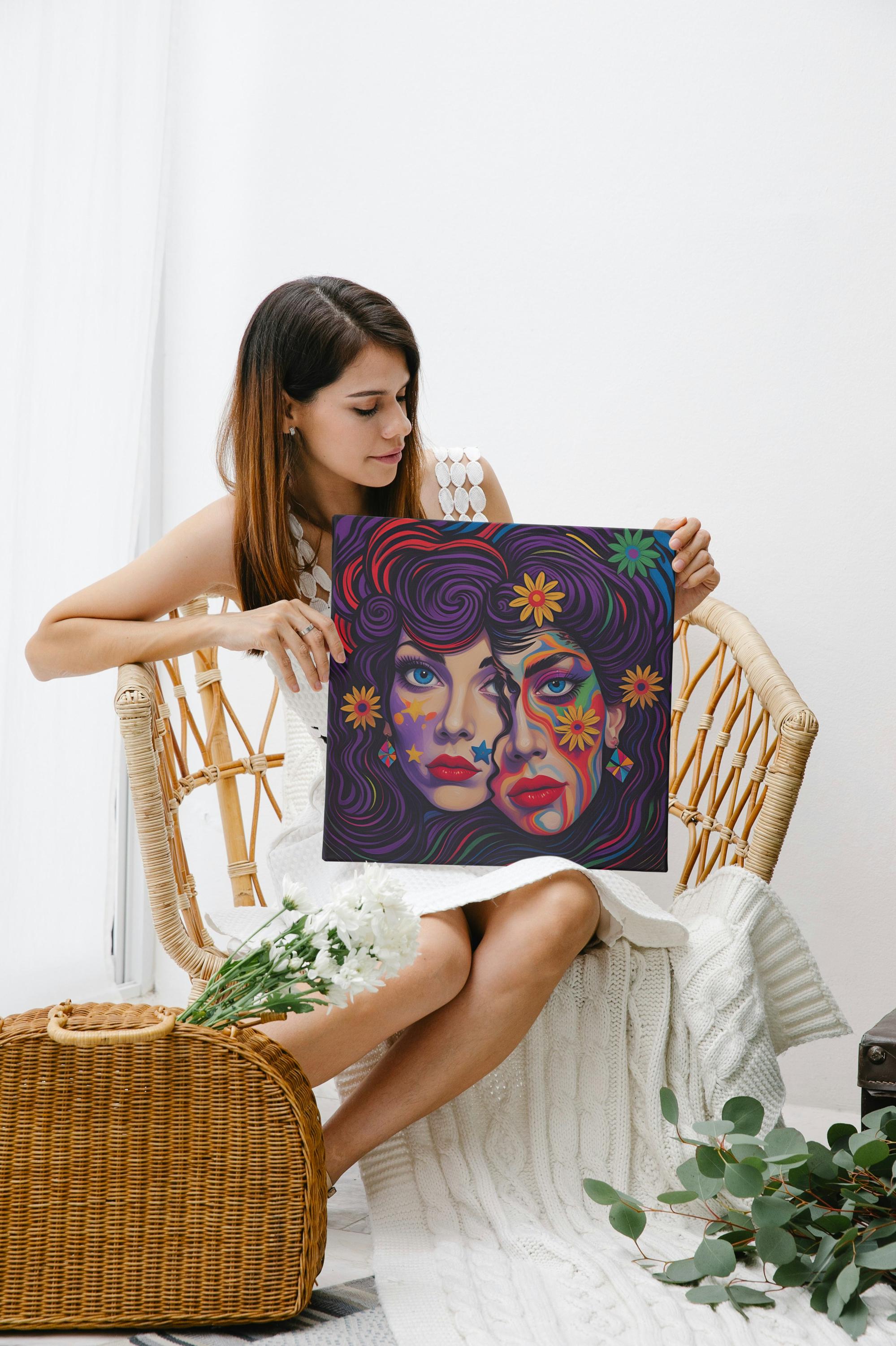 Abstract Pop-art Portrait of Two Faces Merged, Vibrant Cubism-inspired ...