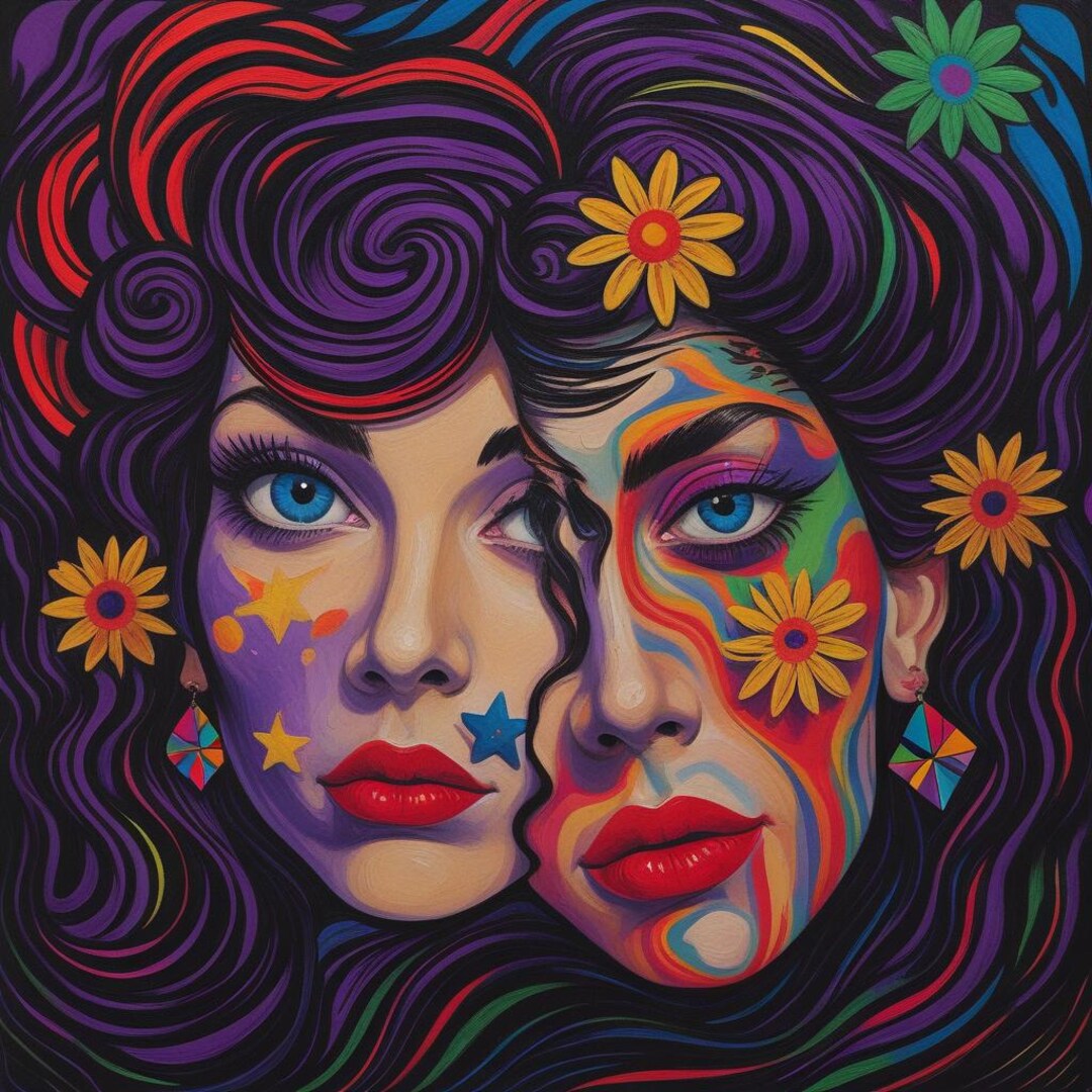 Abstract Pop-art Portrait of Two Faces Merged, Vibrant Cubism-inspired ...