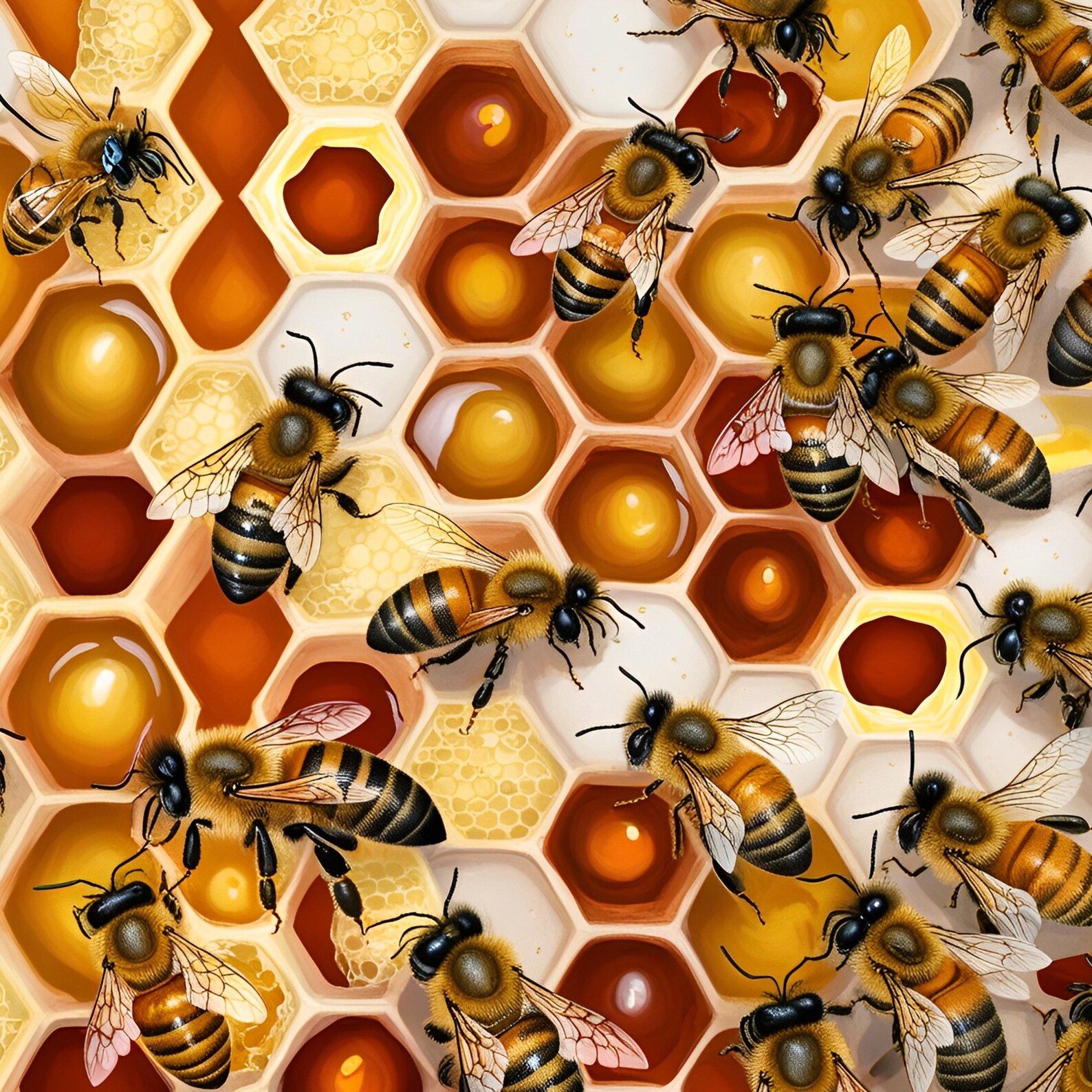 A Detailed Illustration of Busy Bees Working Harmoniously, Vibrant ...