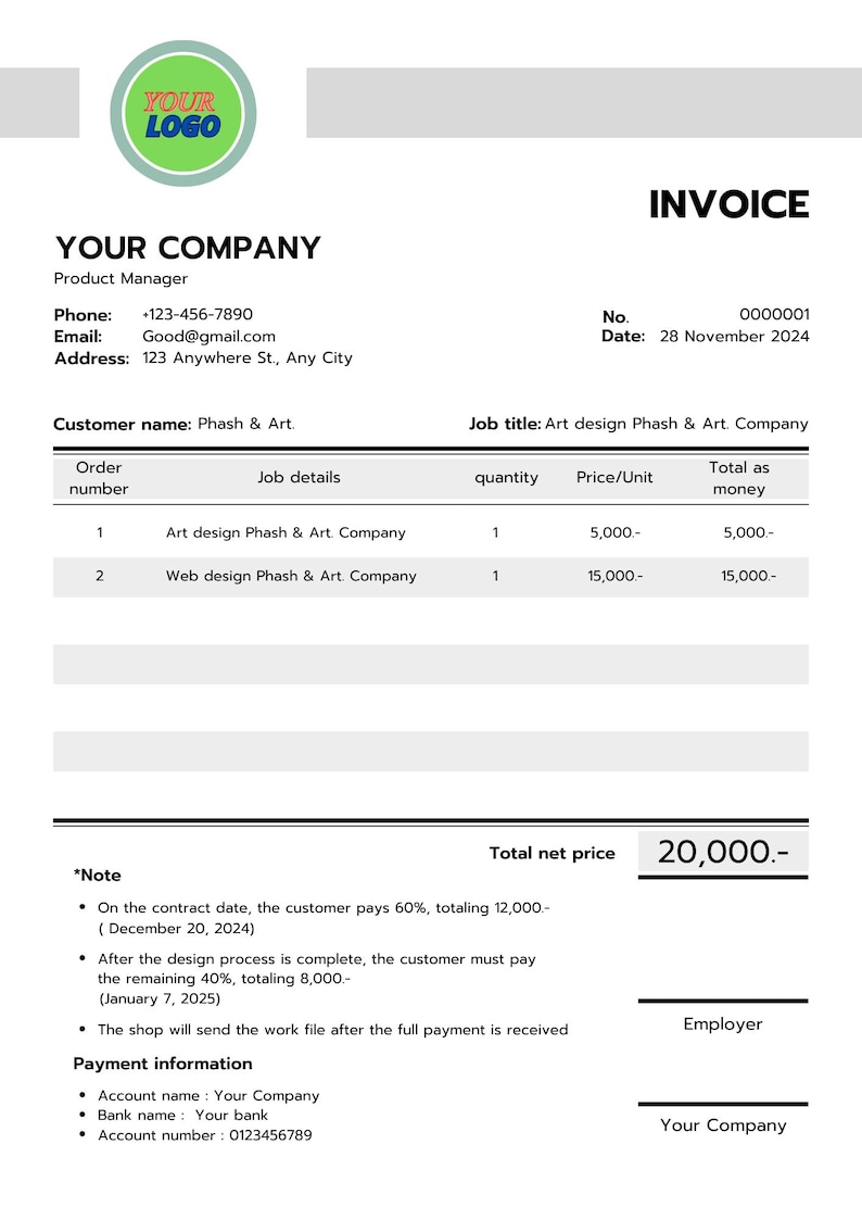 An Editable, Printable Invoice Template Suitable for Small Businesses Offering Services. - Etsy