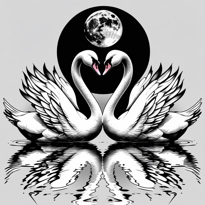Two Elegant Swans Artwork, Stunning Symmetrical Design With Moon ...