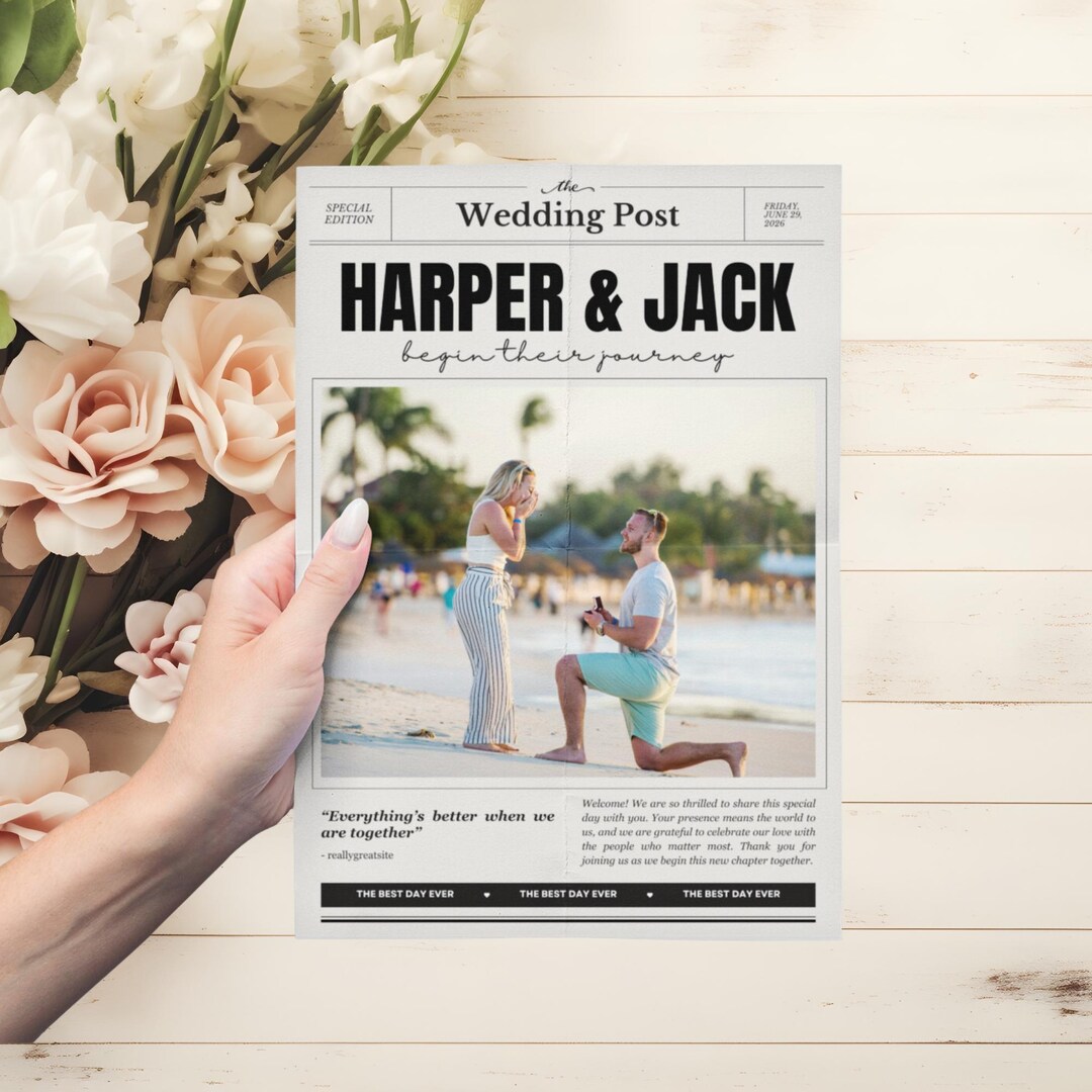 Folded Printable Wedding Newspaper Program Canva Template, Newlywed ...