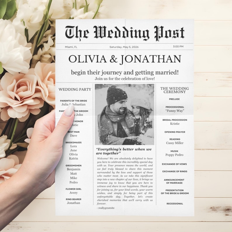 Folded Printable Wedding Newspaper Program Canva Template, Newlywed ...