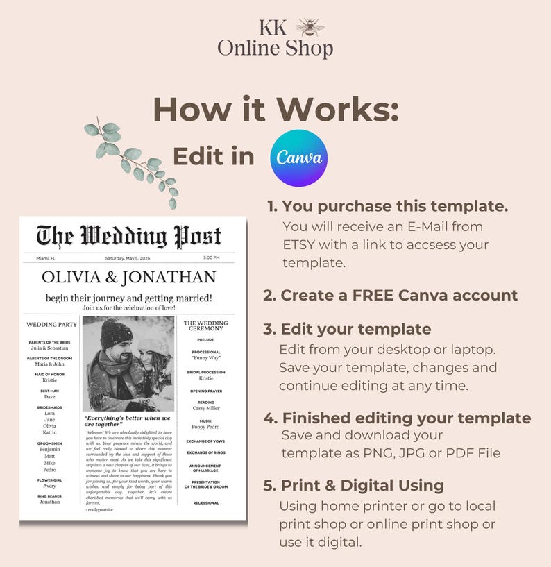 Folded Printable Wedding Newspaper Program Canva Template, Newlywed ...