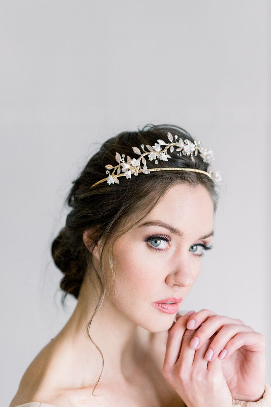 Floral Wedding Tiara, Clay Flower Gold Wedding Crown, Boho Gold Floral ...