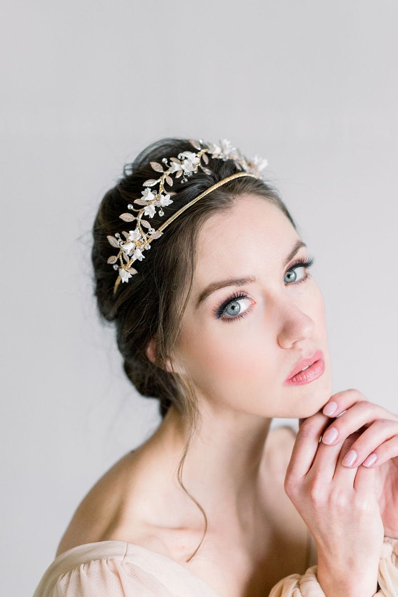 Gold Floral Wedding Tiara Clay Flower Wedding Crown Gold | Etsy