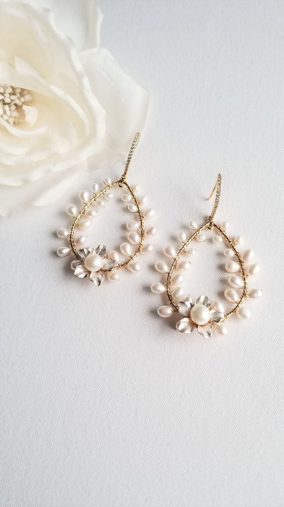 Pearl Bridal Earrings Floral Wedding Hoop Earrings Wedding | Etsy