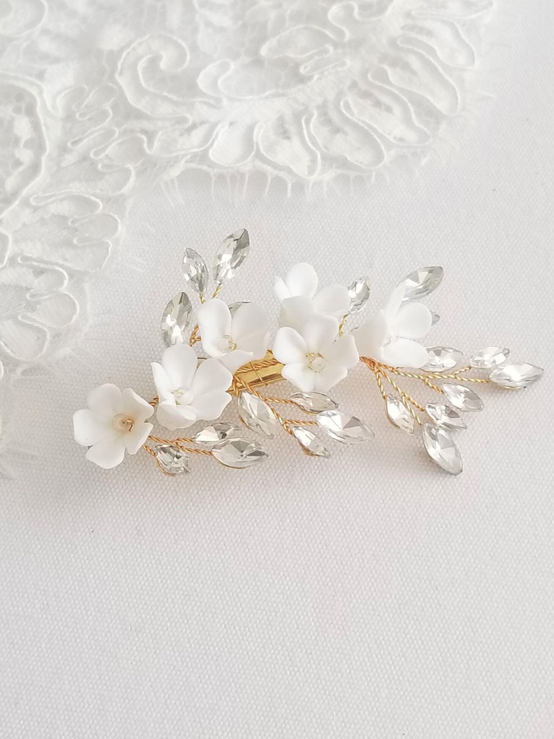 Gold Wedding Hair Clip Porcelain Flowers, Small Silver Floral Wedding ...