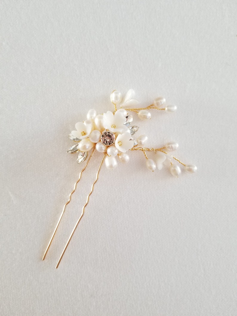 Bridal Hair Pin, Rose Gold, Freshwater Pearl With Polymer Clay Flowers ...
