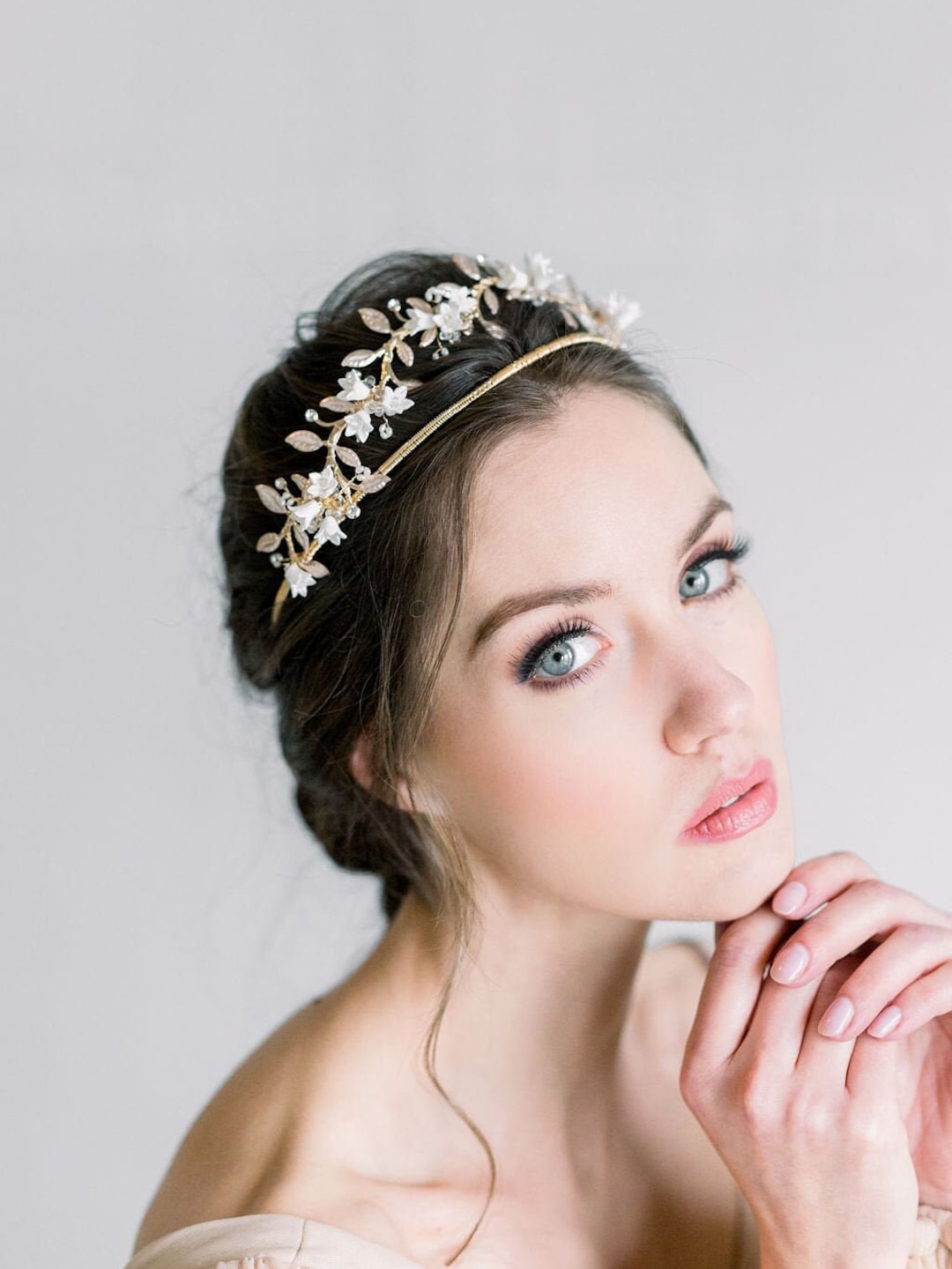 Gold Floral Wedding Tiara, Clay Flower Wedding Crown, Gold Floral ...