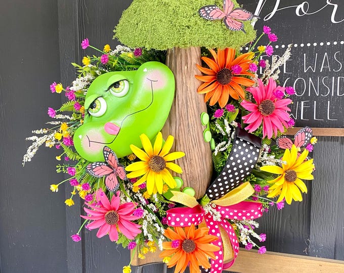 Summer Frog Wreath, Summer Wreath, Spring Wreath, Summer Swag, Daisy ...