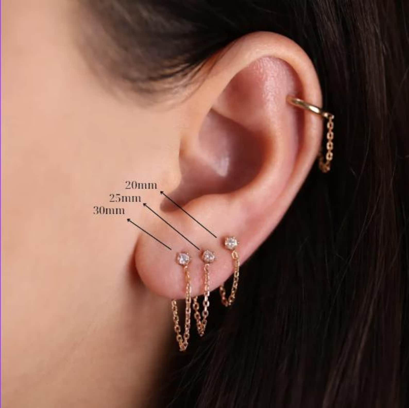 14K Solid Gold Single Stone Chain Stud Earring •ear Stud Solid 14k Gold ...
