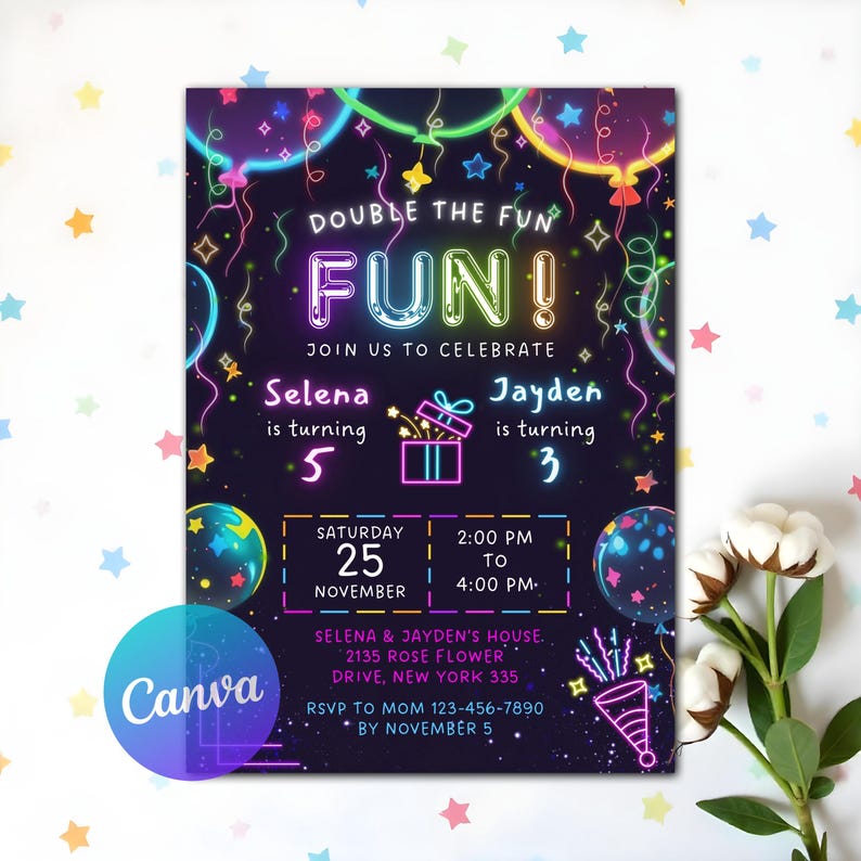 Sibling Birthday Invitation, Neon Joint Birthday Invitation, Double ...