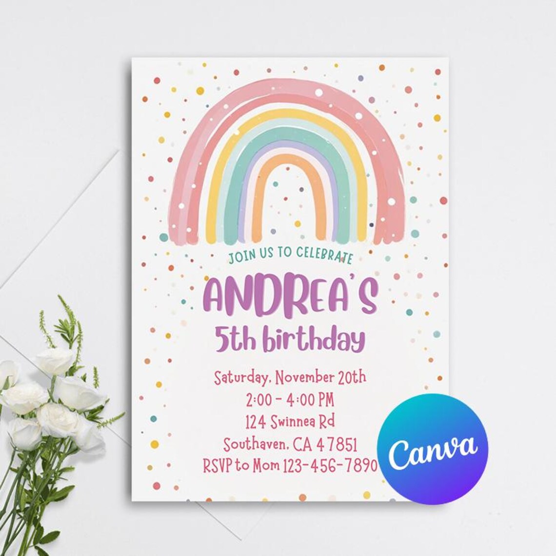 EDITABLE Rainbow Birthday Invitation, Girls Rainbow Party, Colorful ...