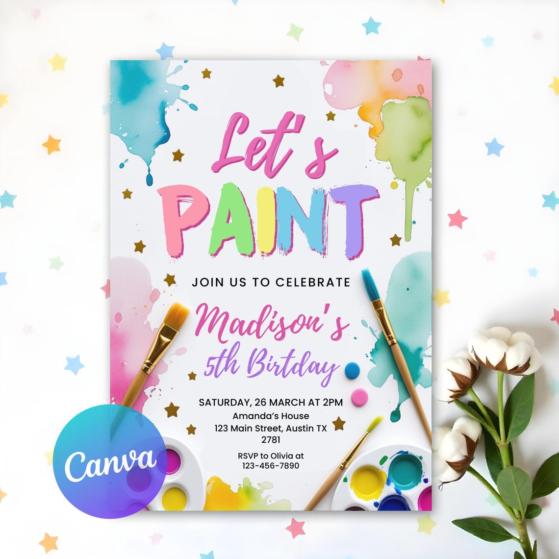 Editable Painting Party Invitation, Paint Party, Art Party Invitation, Pastel Rainbow, Let's ...