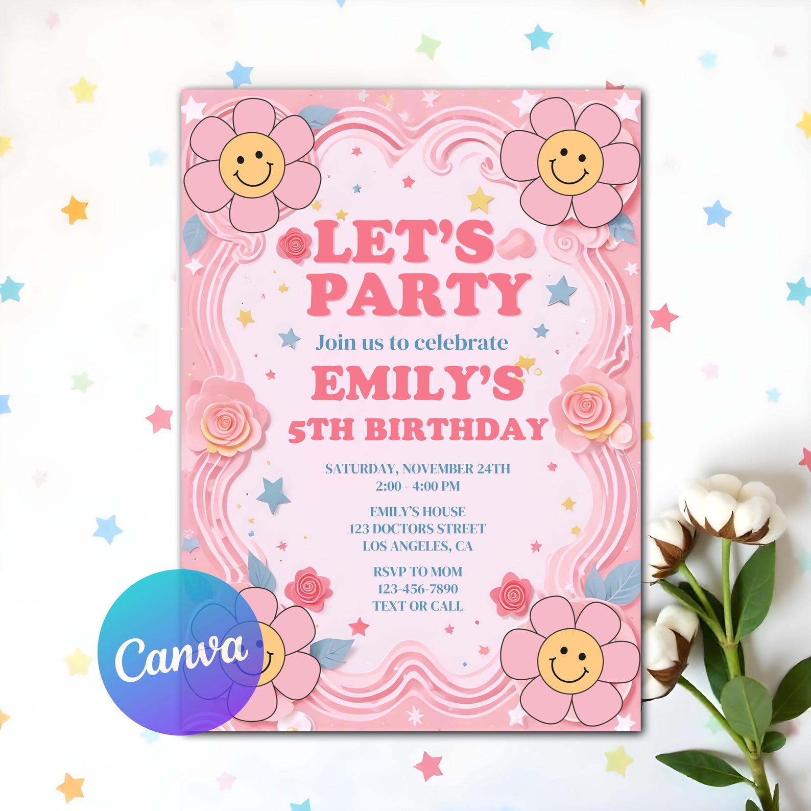 Editable Let's Party Checkered Smile Invitation, Preppy Pink Party ...