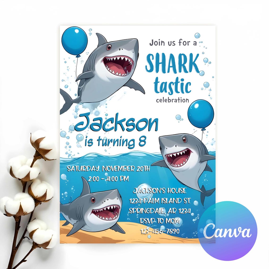 EDITABLE Shark Invitation, Shark Birthday Invitation, Sharktastic ...