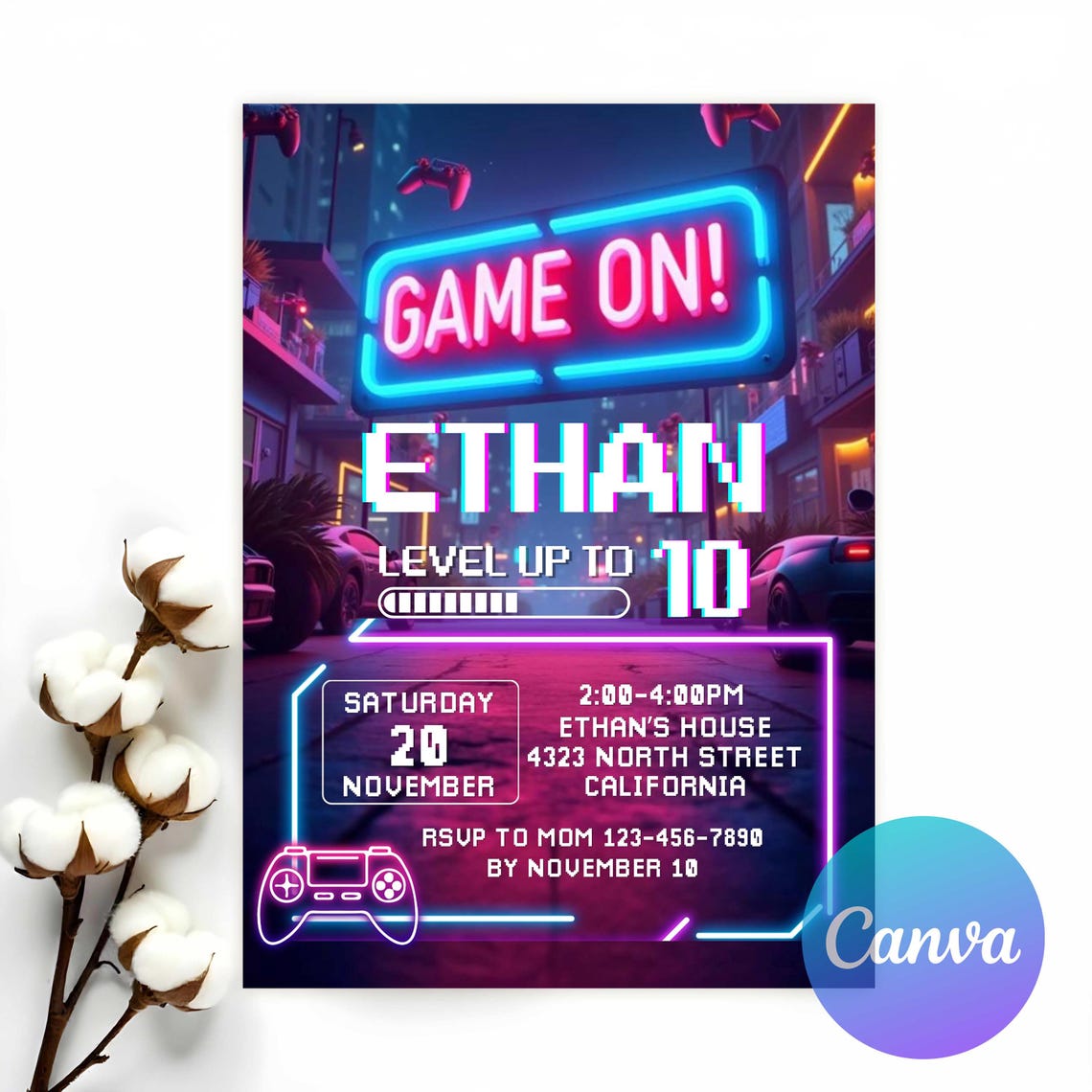 EDITABLE Video Game Party Invitation, Gamer Birthday Invite, Neon Glow ...
