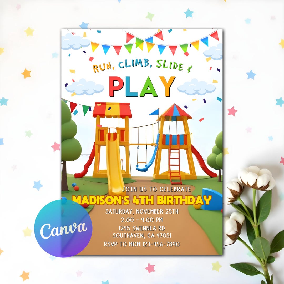Playground Birthday Invitation, Party in the Park Outdoor Birthday ...