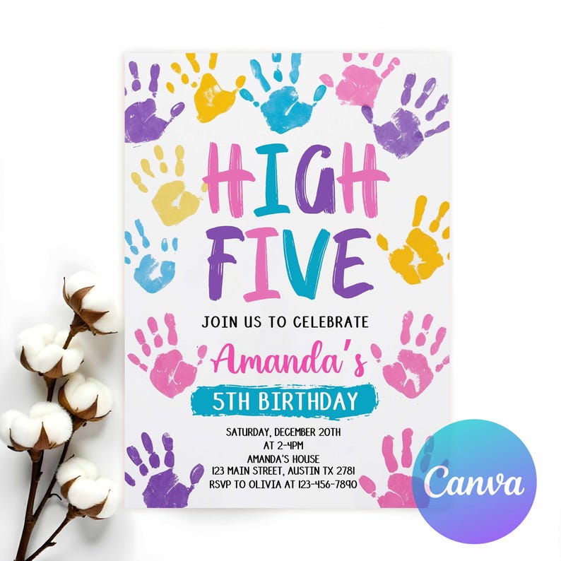 Editable High Five Birthday Party Invitation, Hi Five 5th Birthday ...