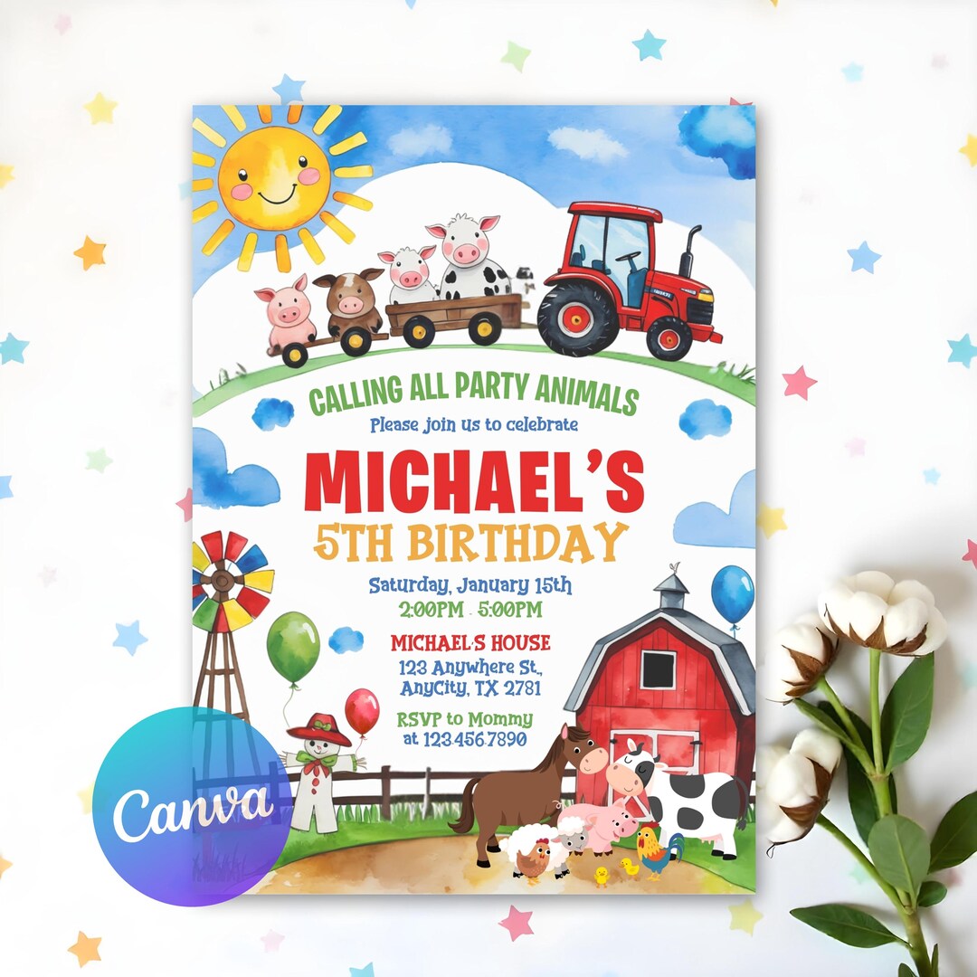 Farm Animals Party Invites, Ranch Kids Birthday Invitation, Farm ...