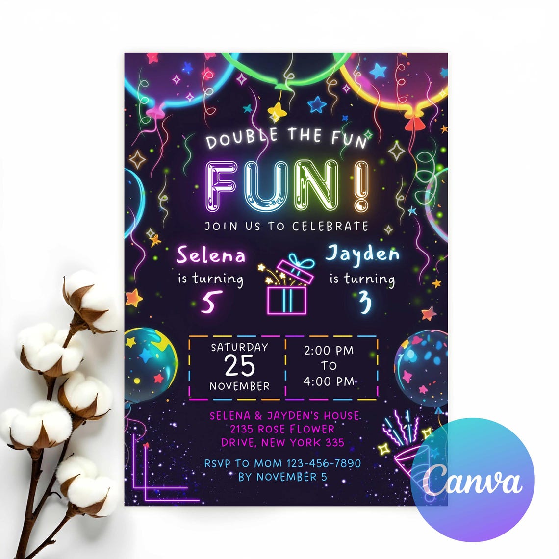 Sibling Birthday Invitation, Neon Joint Birthday Invitation, Double ...