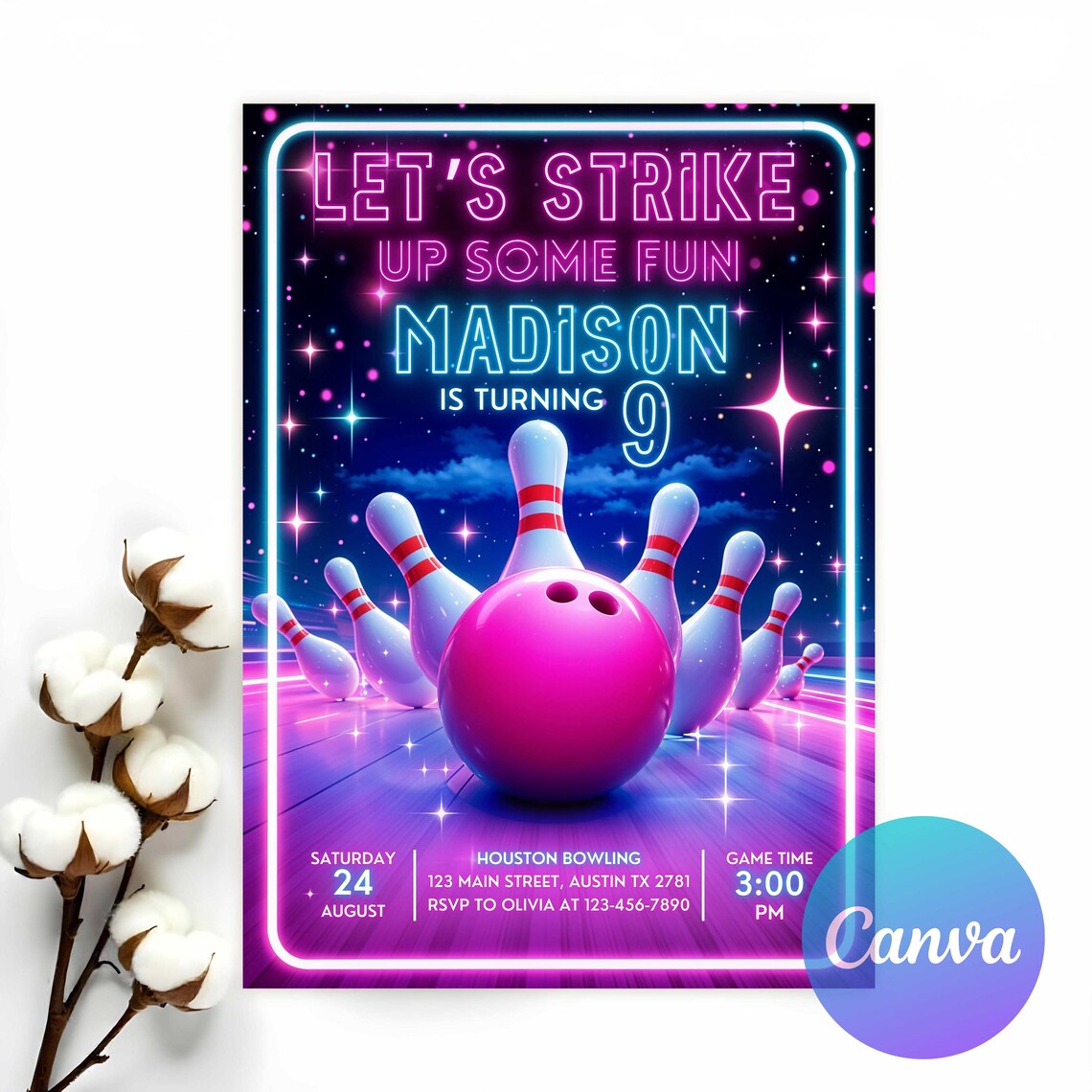 Editable Bowling Party Invitation, Glow Bowling Invitation, Neon ...