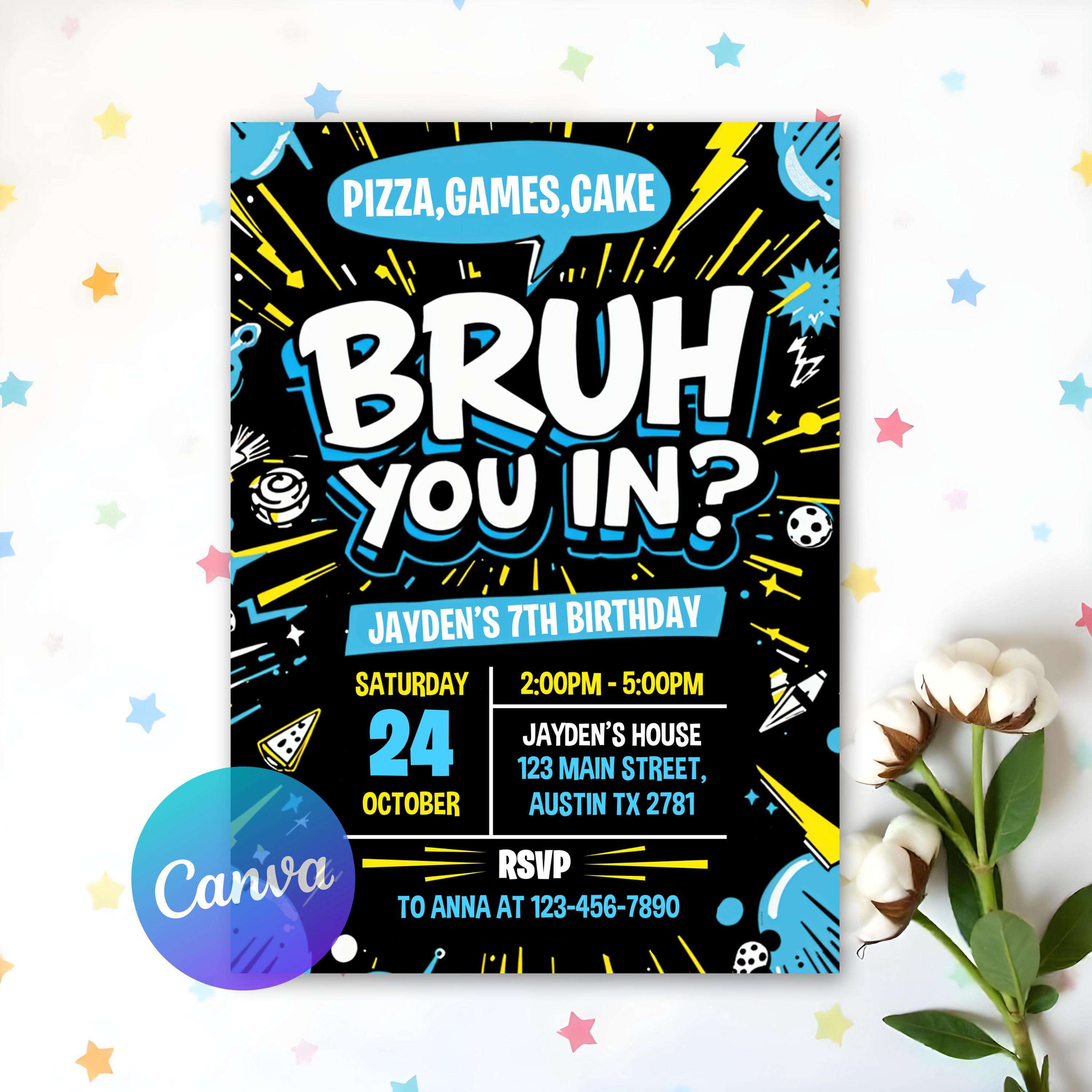 Bruh Birthday Invitation, Bruh It's My Birthday Invite, Boy Games ...