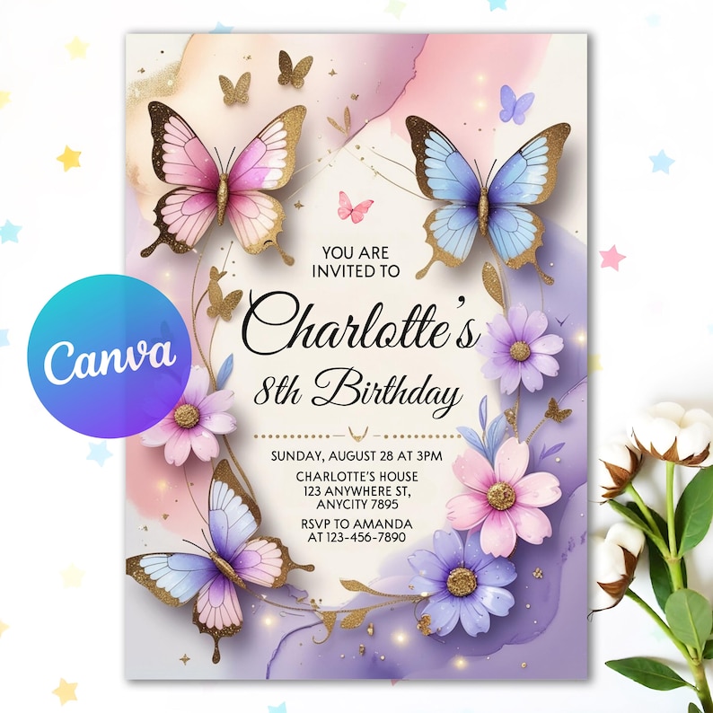 Editable Pink Purple Butterfly Birthday Invitation, A Little Butterfly ...