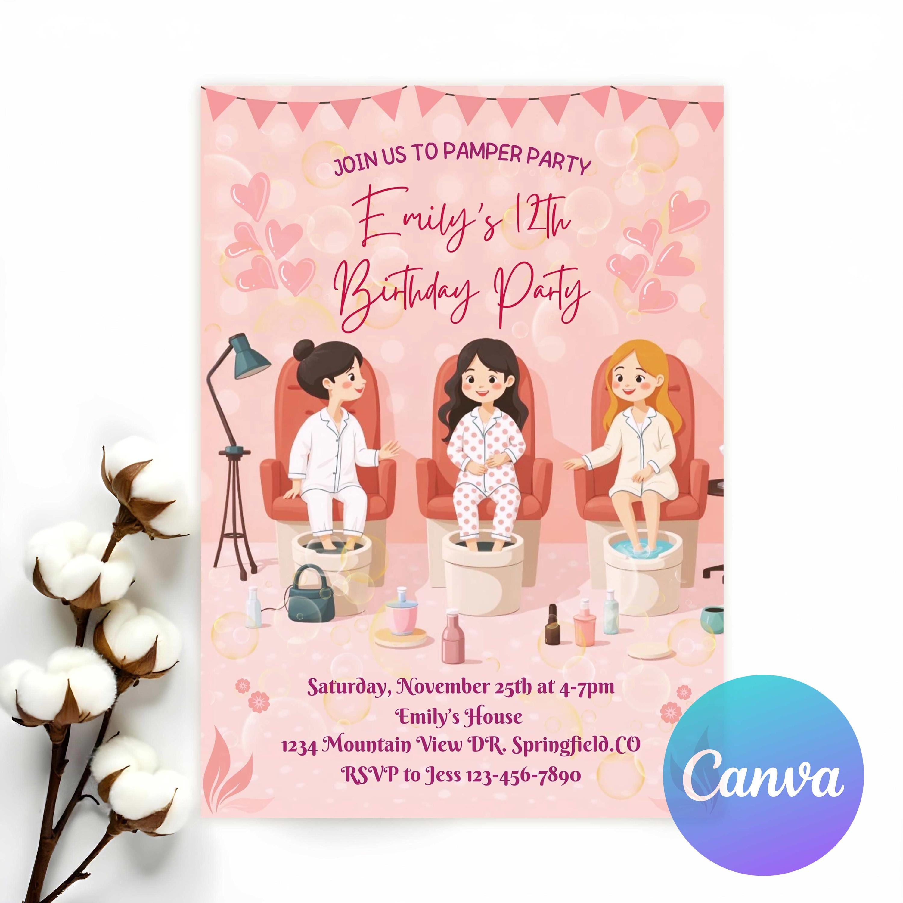 Editable Spa Party Birthday Invitation, Pamper Pink Spa Tween Teen Kids ...