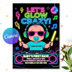 Glow Baby Rave Party Invitation, Baby's First Rave Invitation, 1st ...