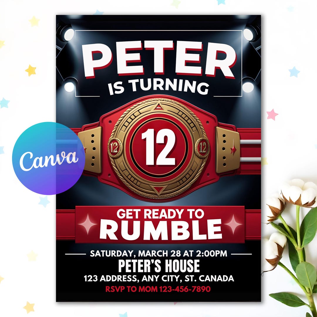 Wrestling Birthday Invitation, Editable Championship Belt, Boxing MMA ...