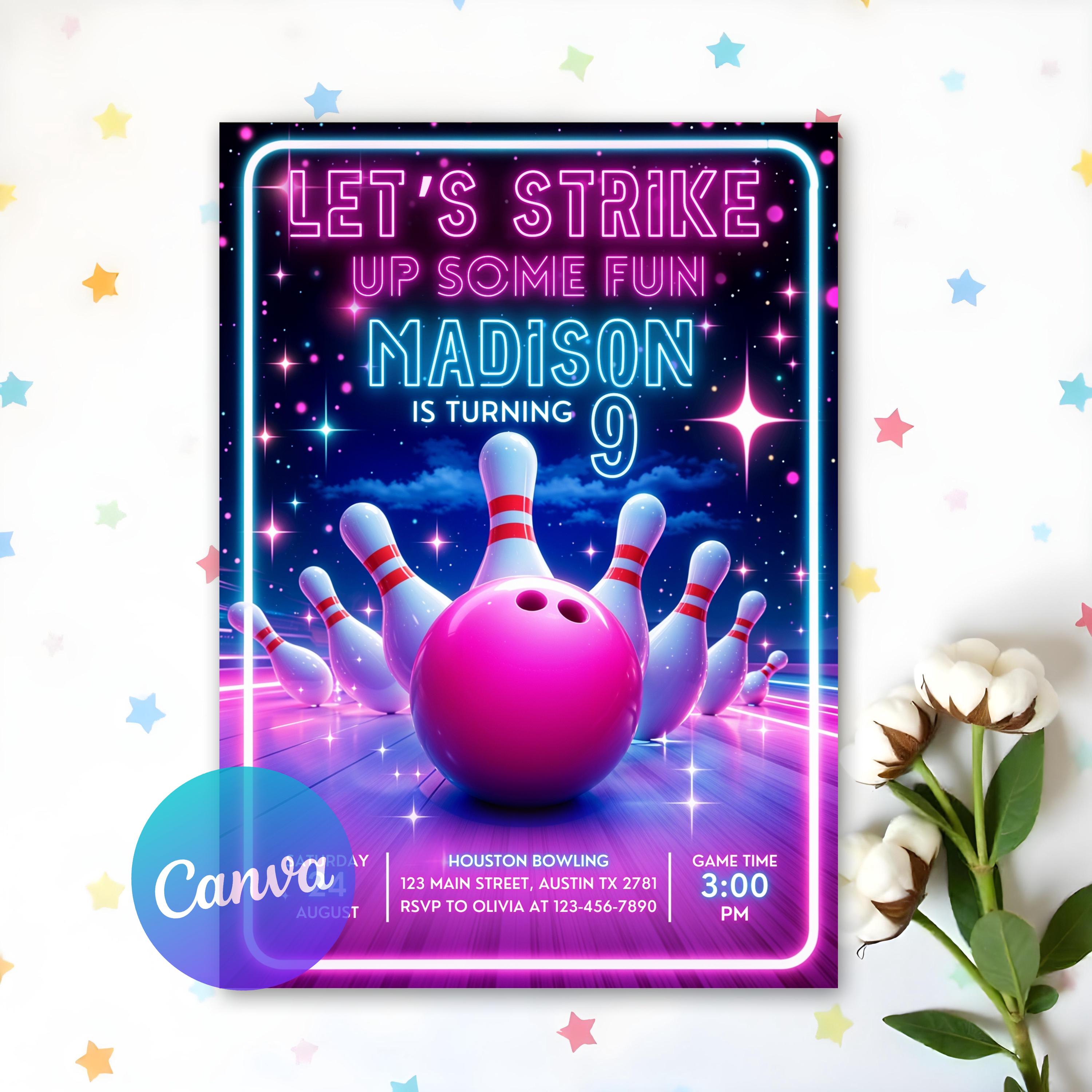 Editable Bowling Party Invitation, Glow Bowling Invitation, Neon ...