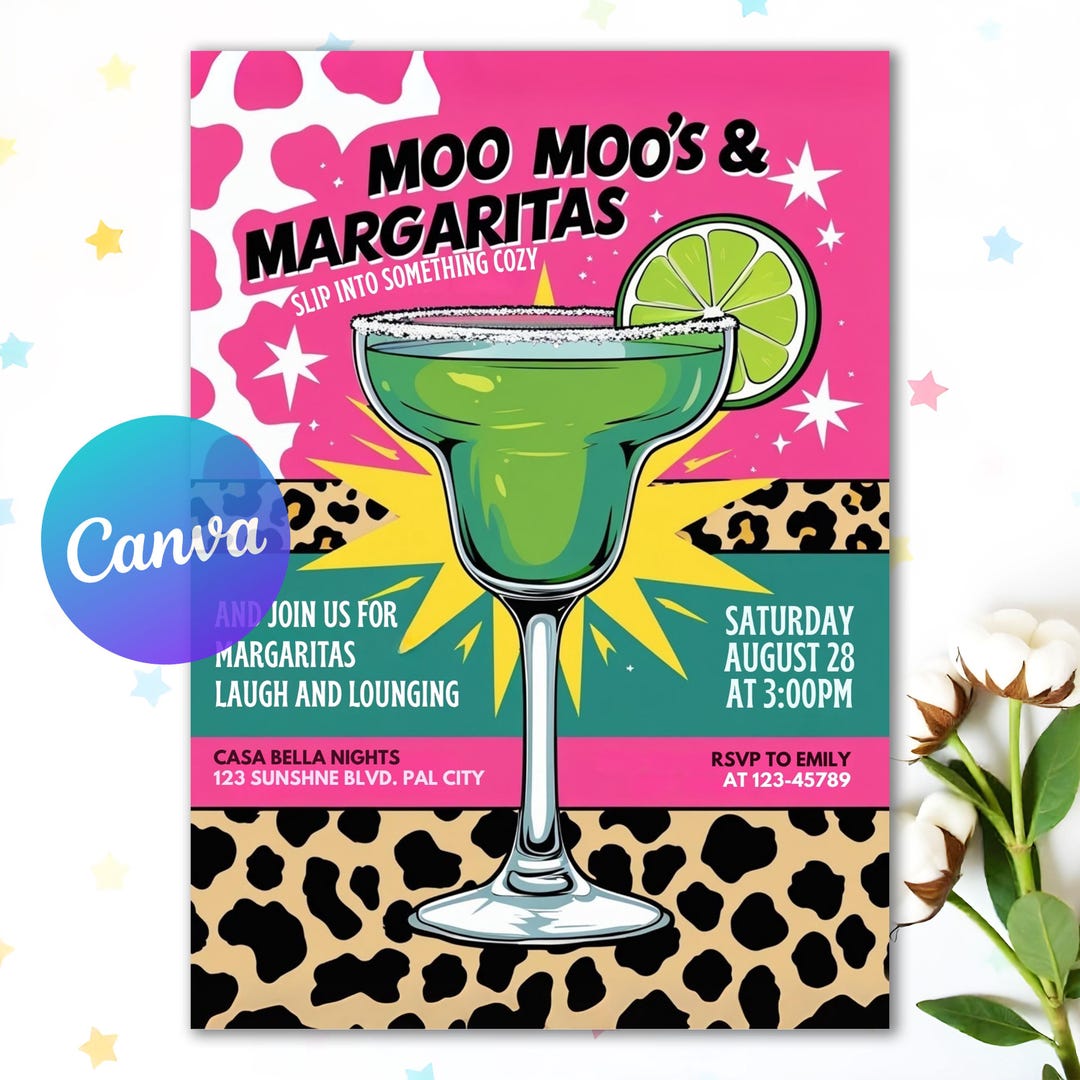 Moo Moos & Margaritas Girls Night Party Invitation, Leopard Print ...