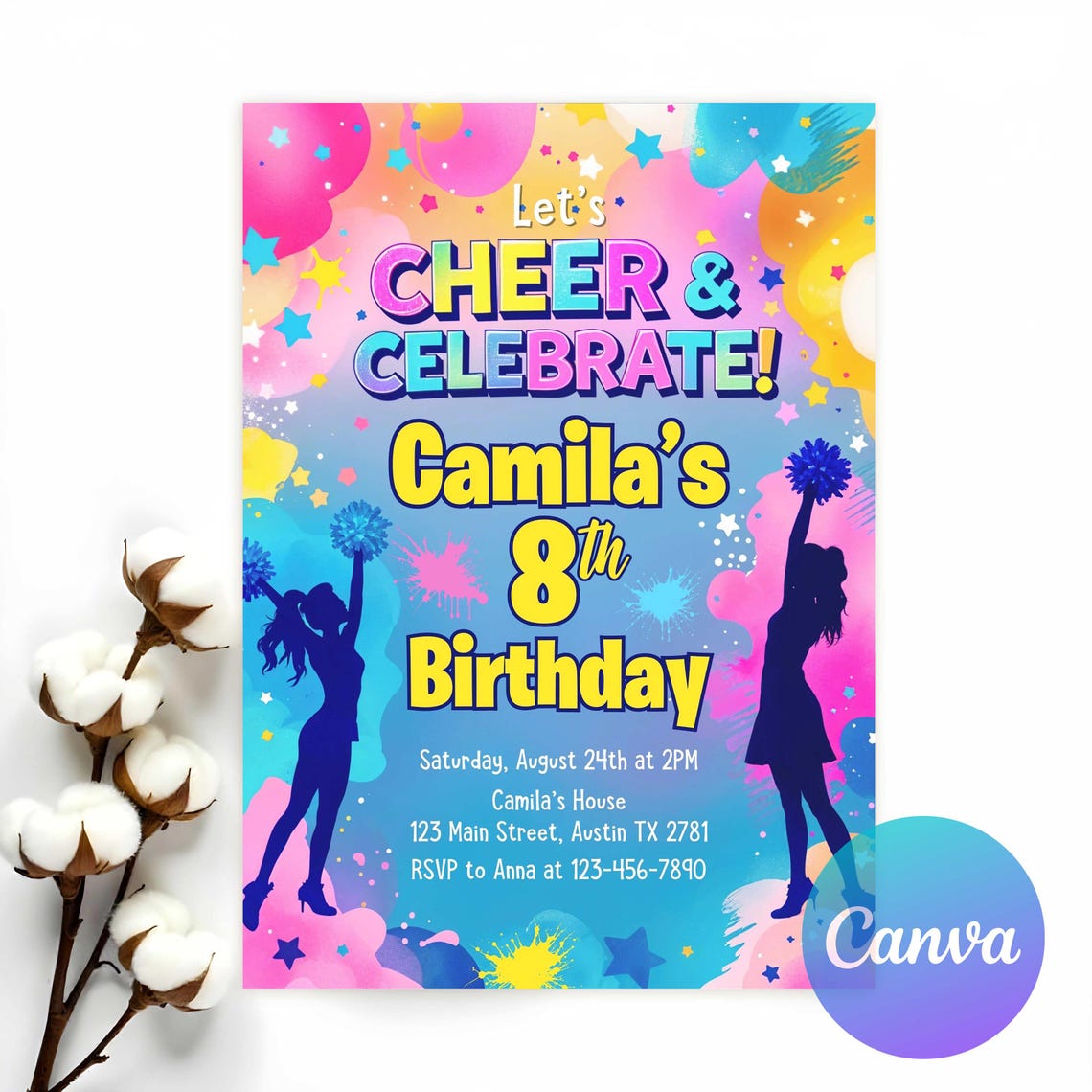 Cheerleading Birthday Invitation, Cheerleader Theme Party Invite ...