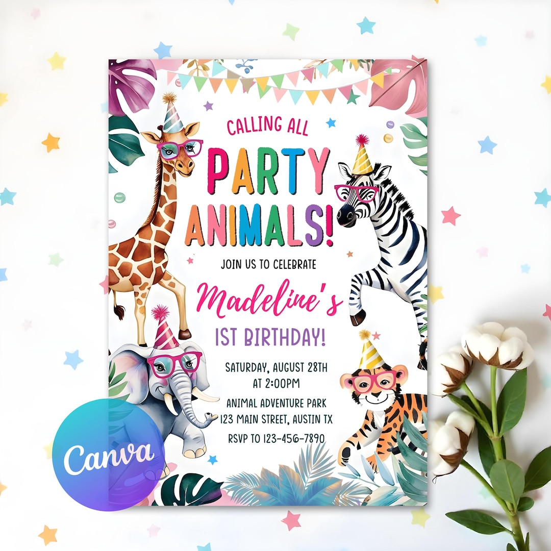 Editable Party Animals Birthday Invitation Pastel Rainbow Cheetah Print ...
