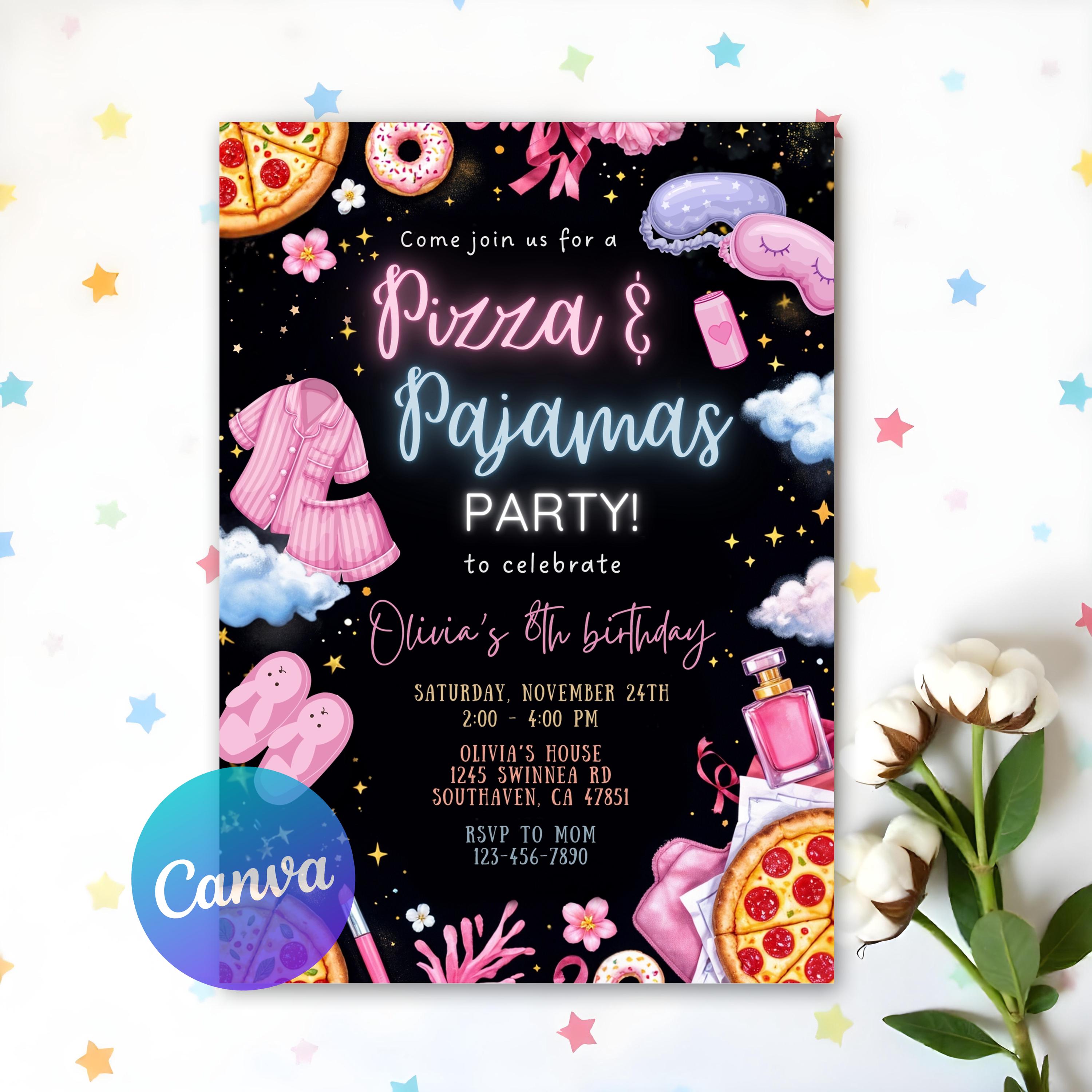 Pizza and Pajamas Birthday Invitation, Sleepover Birthday Invitation ...