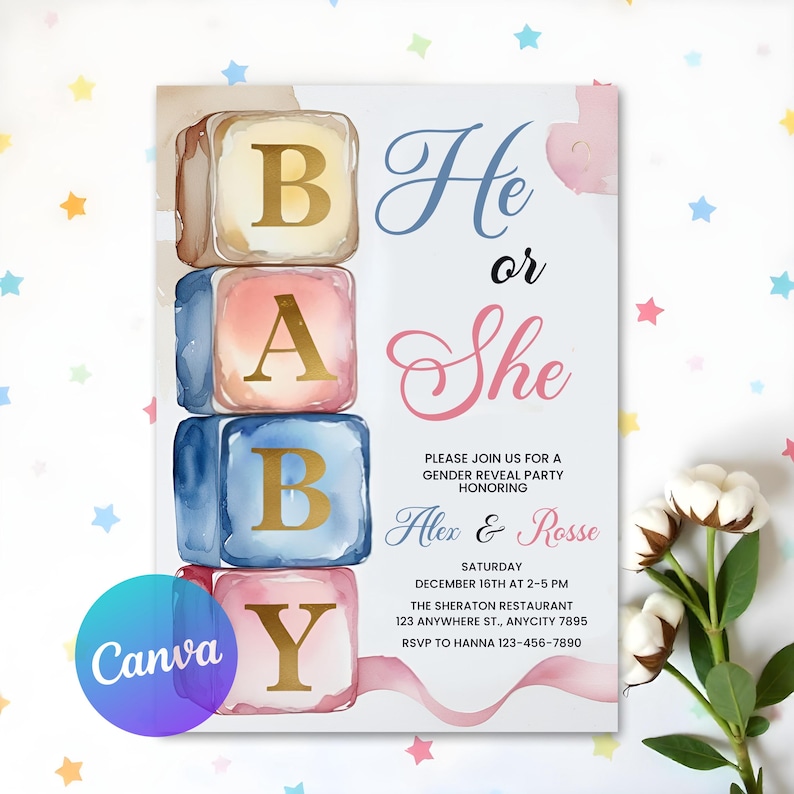 Baby Blocks Gender Reveal Invitation Template, He or She Invite ...