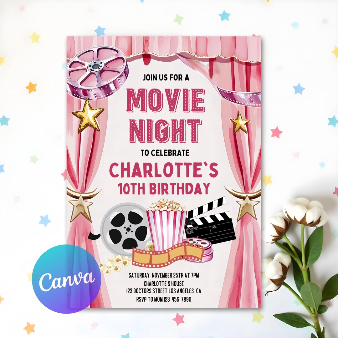 Movie Night Birthday Invitation, Cinema Pastel Pink Movie Popcorn ...