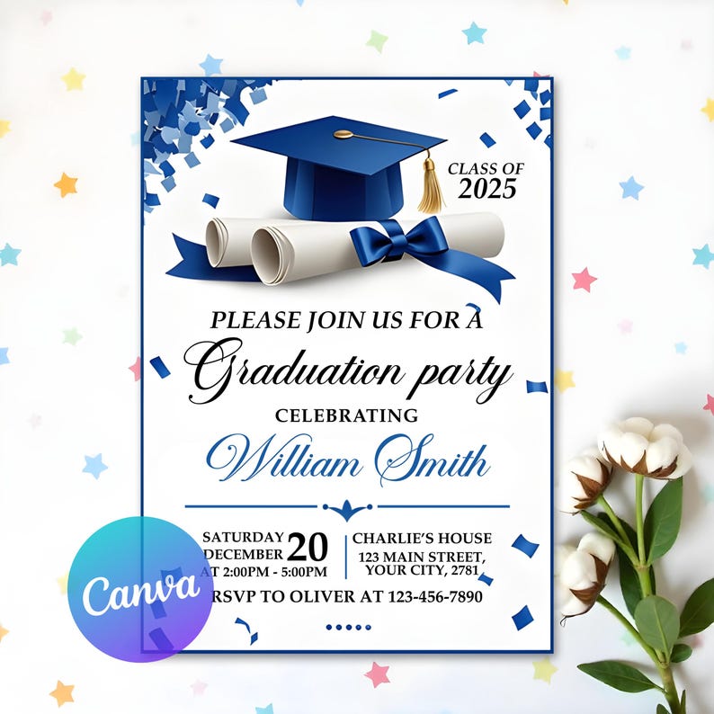 Graduation Party Invitation, Class of 2025 Invite, Blue Graduation ...