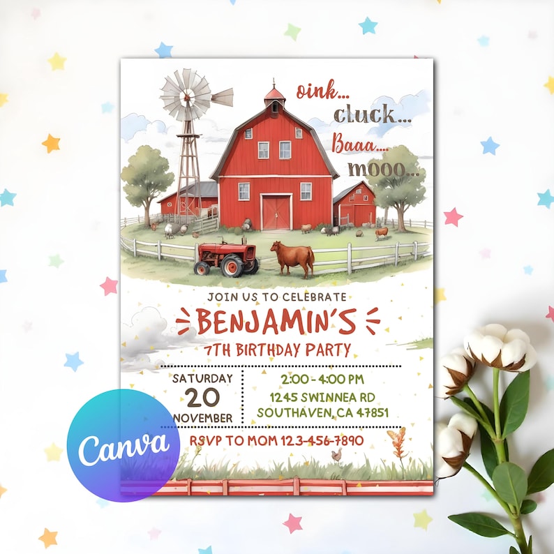 Editable Farm Birthday Invitation Template, Farm Animals Birthday ...