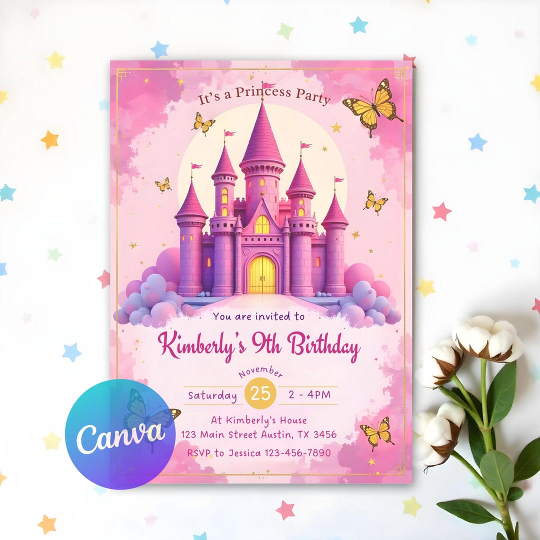 Princess Birthday Invitation, Girl Princesses Theme Invite, Magical ...