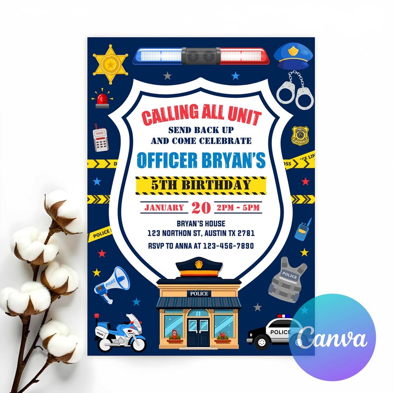 Editable Police Birthday Invitation Template, Police Officer Invitation ...