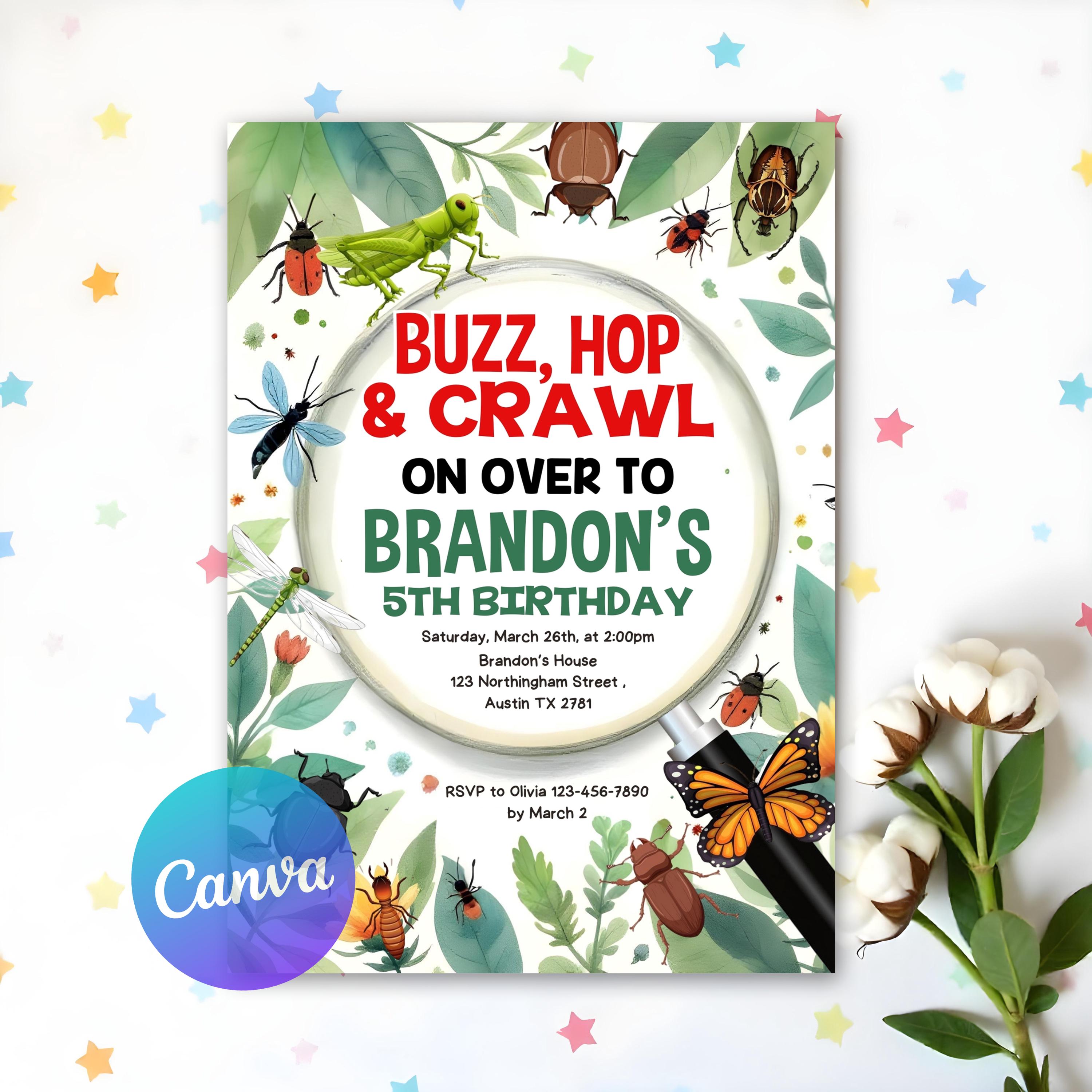 Insect Bugs Birthday Invitation, Buzz Hop Crawl, Nature Theme Party ...